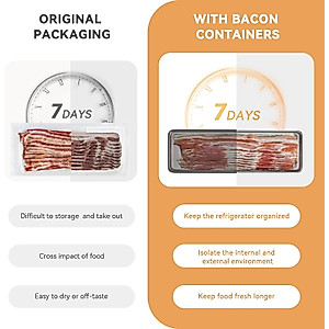 Freshmage Bacon Container for Refrigerator, 304 Stainless Steel Airtight Deli Meat Storage Containers for Fridge Dishwasher Safe Long Kitchen Food Storage Containers with Lids with Elevated Base…