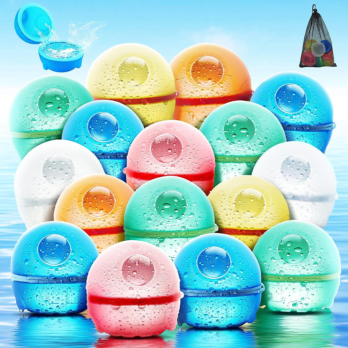 Hiliop 16PCS Reusable Water Balloons for Kids Adults, Silicone Refillable Water Balloons Self Sealing Water Balloons Quick Fill with Magnetic & Mesh Bag