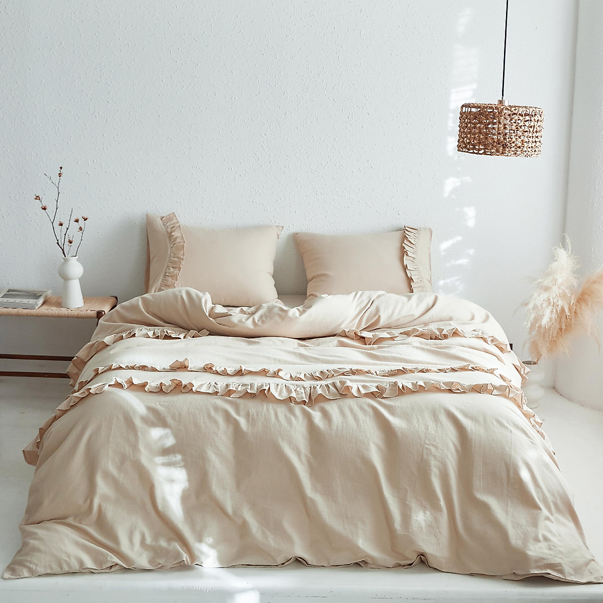 Simple&Opulence Ruffled Linen Duvet Cover Set 3Pcs with Vintage Shabby Chic Multiple Frills (1 Comforter Cover & 2 Pillowcases) Natural Flax Cotton Blended Luxury Bedding - Linen, Queen Size