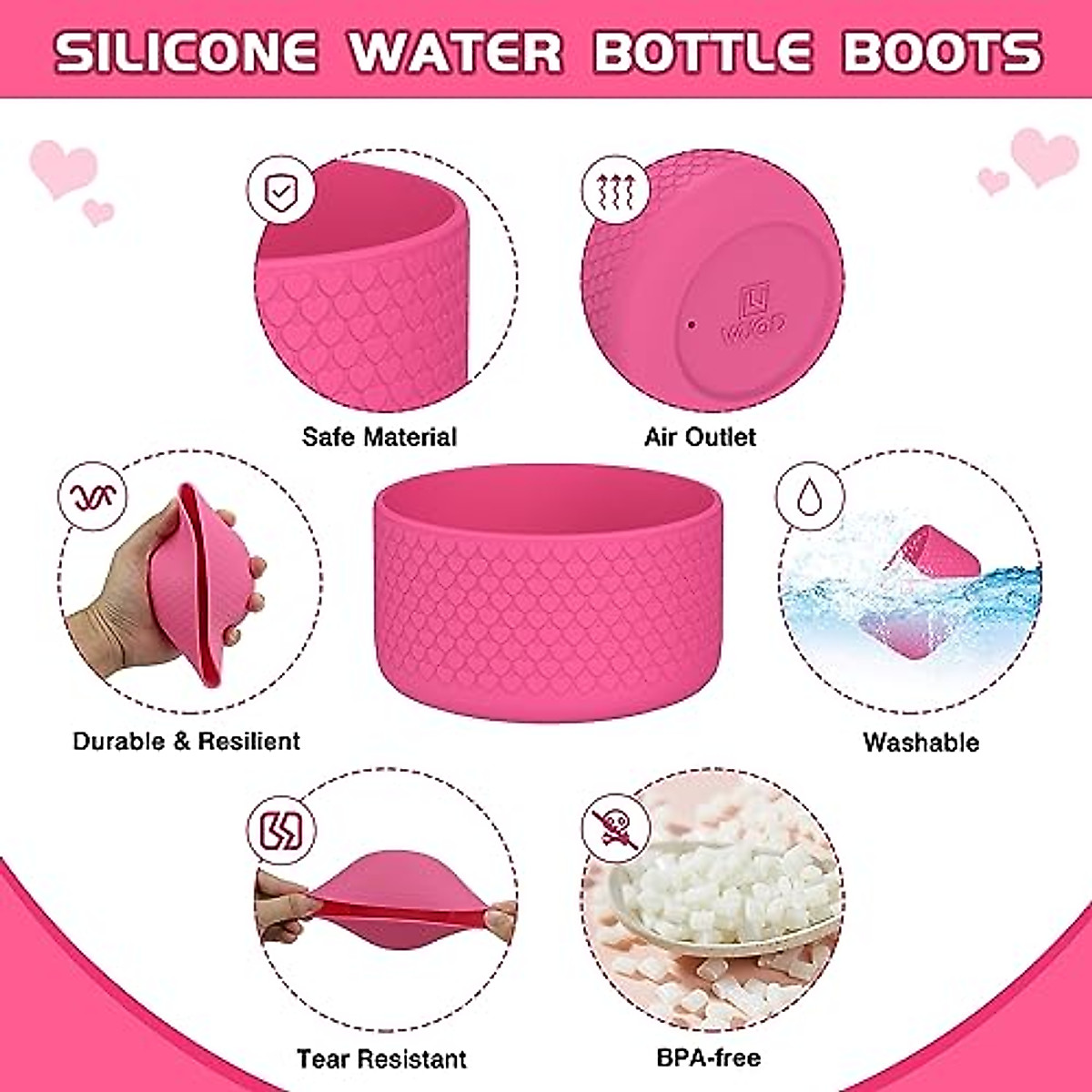 WUQID Heart Shaped Texture Silicone Boot for Stanley Quencher H2.0 40oz 30oz 20oz & IceFlow Flip 30oz 20oz and Hydroflask 12-24oz, Anti-Slip Bottle Bottom Sleeve Cover