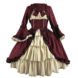 Bokeley Womens Gothic Dress Maid Princess Ruffles Skirts Bowknot Anime Party Cosplay Halloween Costumes (M, Wine Red)
