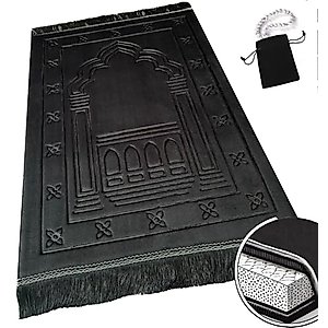Islamika Orthopedic Prayer Rug Memory Foam Muslim Prayer mat - Padded Very Thick Prayer Rug Sajadah for Men Women for Eid Travel Ramadan, Soft and Luxury (Black) (Black)