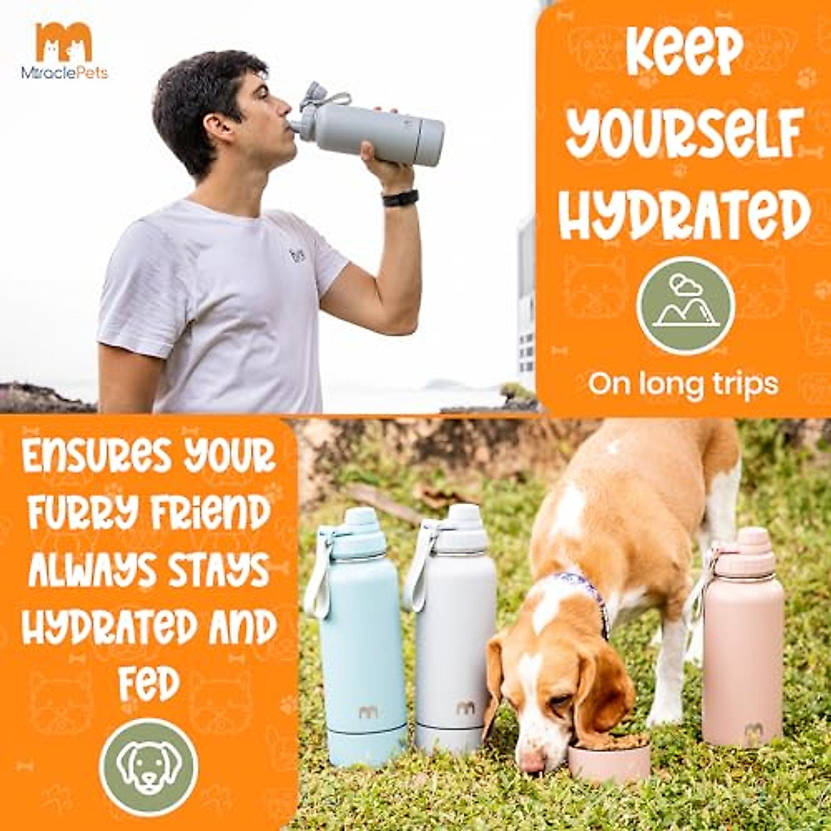 Miracle Pets Portable Dog Water Bottle with Bowl Attached 32oz Insulated Stainless Steel Water Bottles for Sports Hiking Easy Handle Dog Travel Accesories Portable Dog Bowl (Misty Rose)
