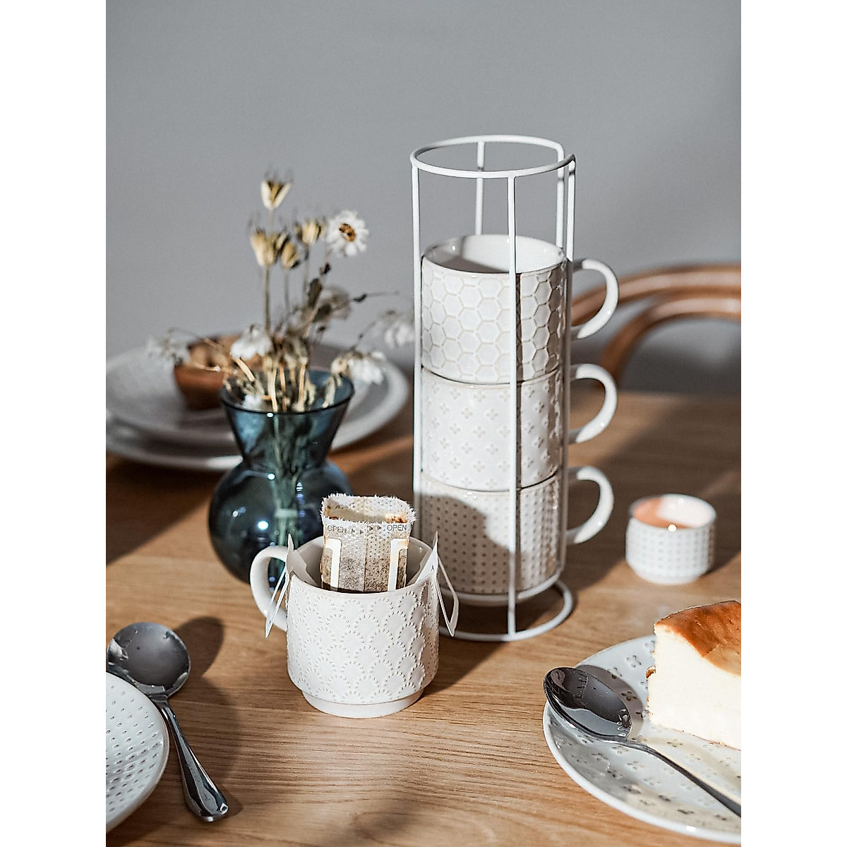 LE TAUCI Ceramic Coffee Mug Set with Stand, 8 oz Stackable Double Espresso Cups with Rack for Au Lait, Cappuccino,Latte,Cafe,Mocha, Tea,Housewarming Wedding Gift, Set of 4,Arctic white