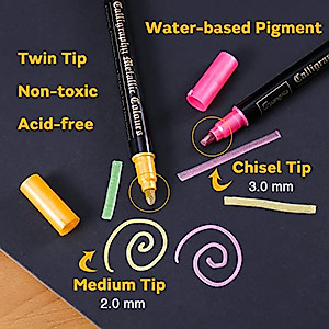 Sunshilor Calligraphy Metallic Marker Pens Dual Tip Chisel and Medium Point Pens for Black Paper, Rock Painting, Easter Egg, Halloween Pumpkin, Card Making, Metal, Ceramics, Wine Glass