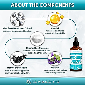LeAcademic Dog Wound Drops | Drops for Dog Wound Care | Dog Wound Heal | Dog Wound Wash | Dog Wound Cleaner + Chlorhexidine | Wound Wash for Dogs | Colloidal Silver for Dogs | 2 Oz