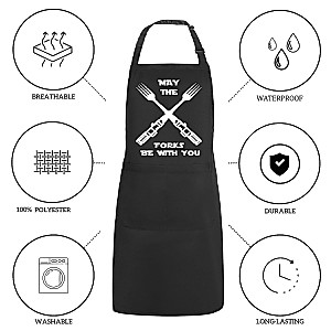 POTALKFREE Funny Cooking Aprons for Men Women with Pocket, May The Forks Be With You Kitchen Chef Apron, BBQ Grilling Gifts for Birthday Christmas Thanksgiving Husband Dad Mom Wife