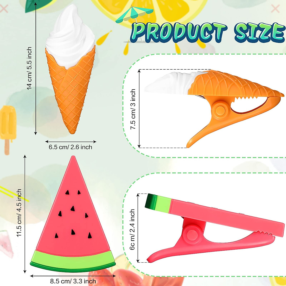 CHENGU 10 Pcs Beach Towel Clips Towel Clips Chair Holders for Beach Chairs Jumbo Size Plastic Clothes Pins Flamingo Parrot Pineapple Watermelon Seashell Ice Cream Beer Mug(Novelty Style)