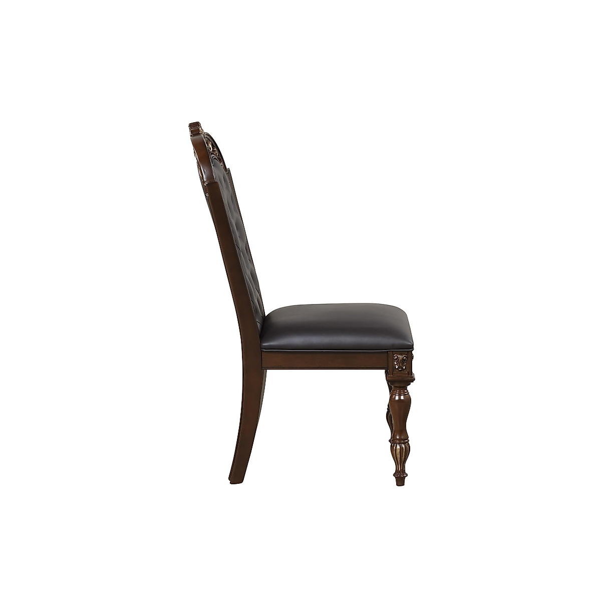 Benjara Mitch 21 Inch Tufted Dining Chair, Carved Details, Faux Leather Seat, Brown and Black