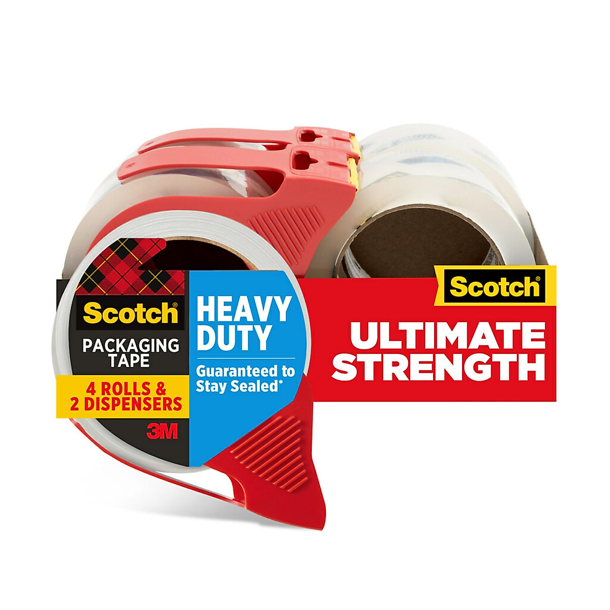 3M Scotch Heavy Duty Shipping Packaging Tape – 1.88 in x 54.6 yds, Clear – 4 Rolls with 2 Dispensers – Strong Seal for All Box Types
