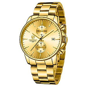 GOLDEN HOUR Men's Watches with Gold Stainless Steel Metal Strap Fashion Casual Waterproof Chronograph Quartz Watch, Auto Date in Black Hands