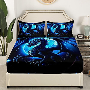 Dragon Fitted Sheet Twin Size,Starry Sky Moon Night Bedding Set 2Pcs for Kids Boys Teens Men Room Decor,3D Animals Bed Sheet Western Dragon Black Blue Deep Pocket Sheet,1 Pillowcase