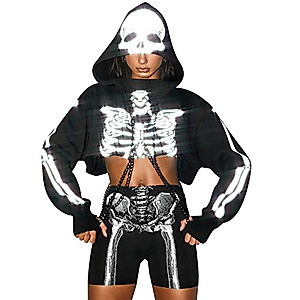 RARITYUS Women Gothic Reflective Skeleton Hoodie Crop Top Iron Chain Bandage Long Sleeve Pullover Sweatshirt for Rave Halloween Costume