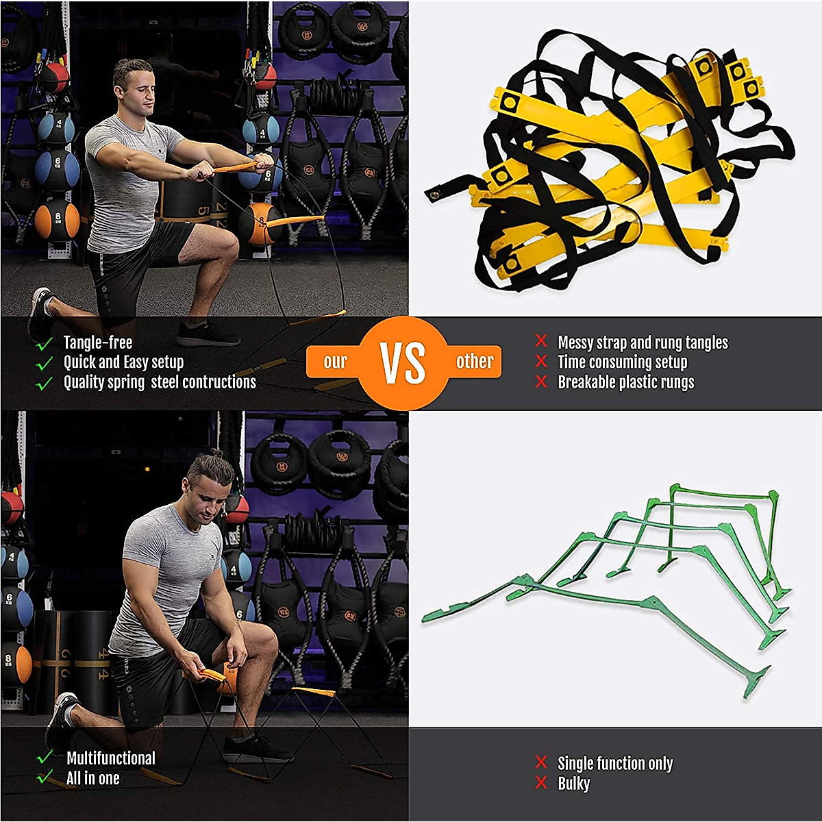 ALPHAWORX Agility Ladder, Agility Training Equipment, Soccer Speed Ladder, Football Footwork Ladder, Workout Ladder for Kid Adult, Foldable Instant Set-up & Tangle-Free & Carry Bag (8 Rung)