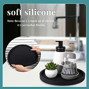 Silicone Bathroom Tray Round Vanity Tray Decorative Soap Holder Kitchen Countertop Organizer Coffee Table Decor for Candle, Perfume, Plant, 9 Inch, Black