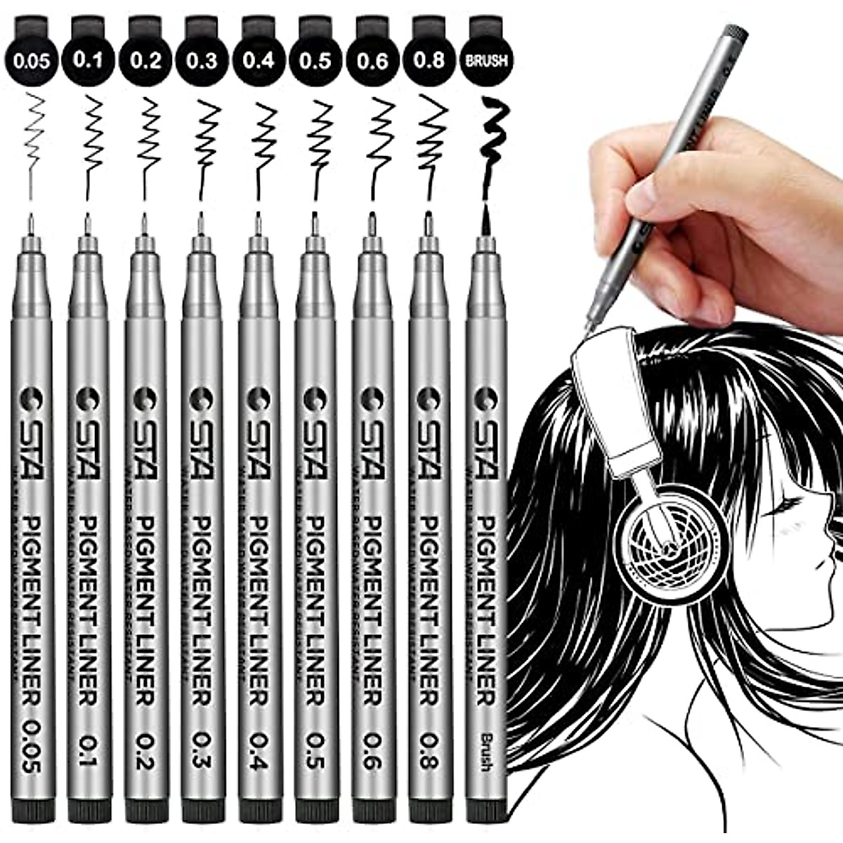 Precision Micro-Line Pens, Set of 9 Black Micro-Pen Fineliner Ink Pens, Waterproof Archival ink, Multiliner, Sketching, Anime, Artist Illustration, Technical Drawing, Office Documents