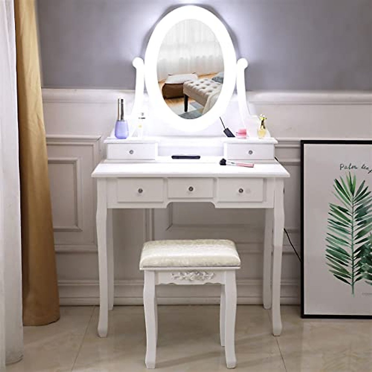 White Lighted Makeup Vanity Set - Makeup Desk with 360° Rotating Oval Mirror and Cushioned Stool - Make-up Vanity Station with Removable Top - Dressing Table with 10 Light Bulbs and 5 Sliding Drawers