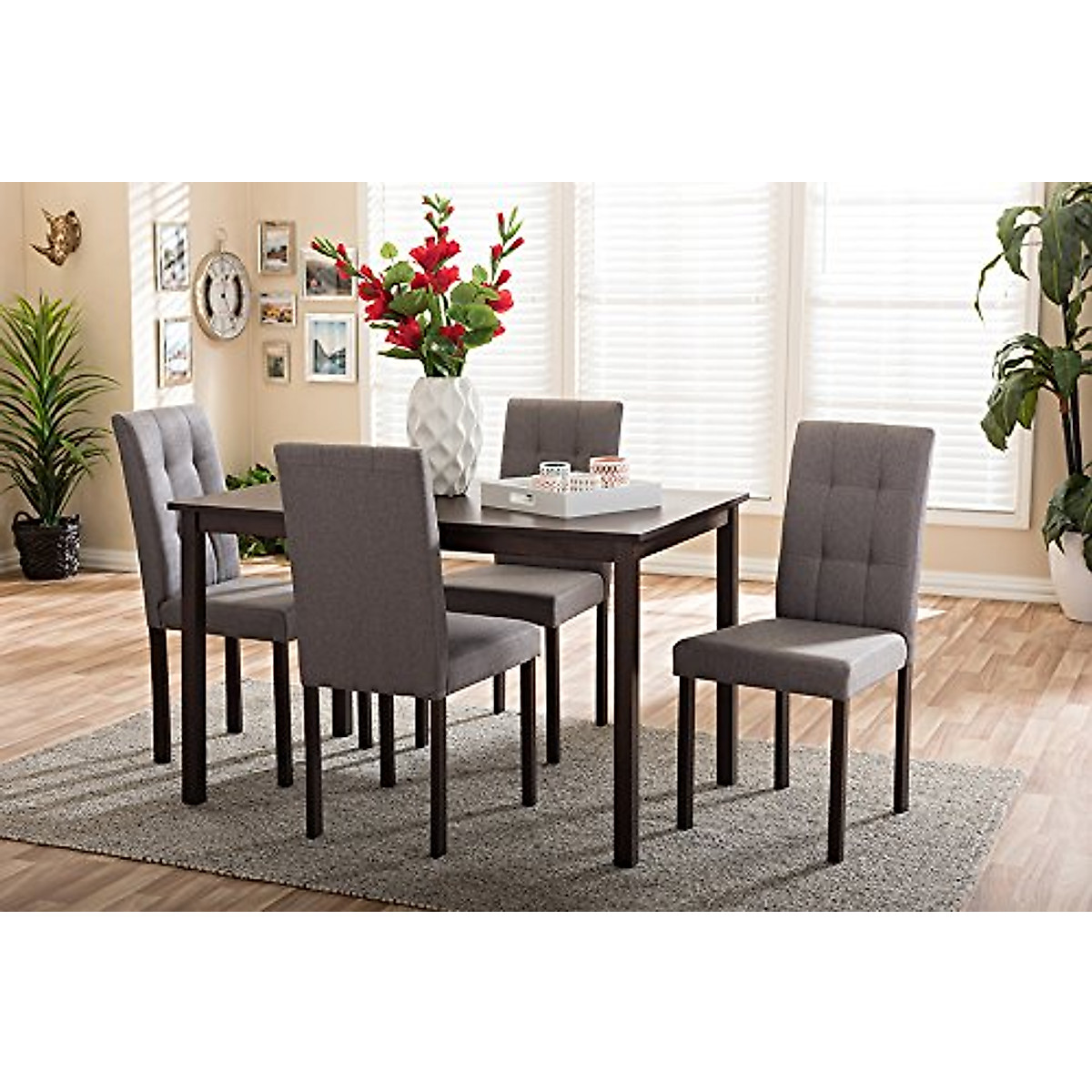 Baxton Studio Andrew Modern and Contemporary 5-Piece Grey Fabric Upholstered Grid-Tufting Dining Set