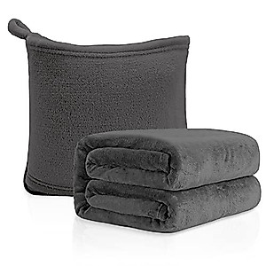 MACEVIA Travel Blanket Pillow Soft 2 in 1 Blanket for Airplane Pillow in Soft Bag Pillowcase Traveling Essentials Lightweight Comfort Blanket for Train Car Camping with Luggage Backpack Strap - Gray