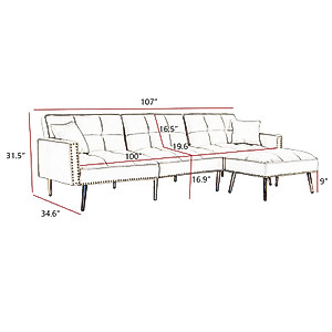 Modern Sectional Sofa with Reversible Chaise Lounge, L-Shaped Couch with 2 Pillows for Living Room Apartment (Black-L)