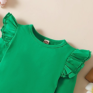 Sanpersonlin Toddler Baby Girl Solid Color T Shirt Kids Blouse Basic Plain Ruffle Top Cotton Casual Clothes (0020E-Long Sleeve Green, 4-5 Years)