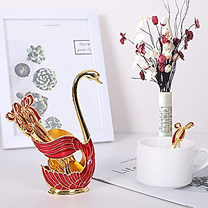 Gusnilo 11PCS Coffee Spoon Dessert Fork Dinnerware Set,Swan Base Holder with 5 Forks and 5 Spoons Metal Dinnerware Set Mini Dessert Spoons Use for Family Dessert Shop (Red,Swan)