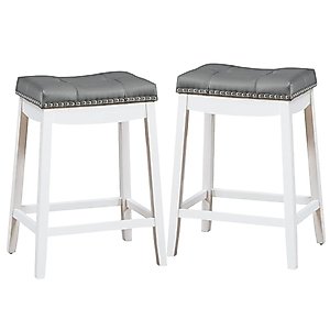 ERGOMASTER Bar Stools Set of 2-24 Inch Counter Stools Height Solid Wood Legs Espresso with Gray PU Cushion for Kitchen Living Room and Bar - White Legs
