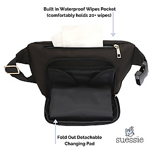 Suessie Fanny Pack Diaper Bag - with Baby Changing Pad & Waterproof Wipes Pocket - Stroller Organizer Black