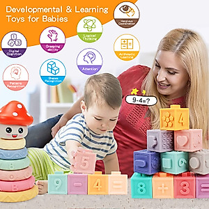 Snlywan Montessori Toys for Babies 6-12 Months,25 PCS Infant Baby Blocks,Incl Soft Blocks for Babies & Stacking Rings & Sensory Balls & Baby Bath Toys,Sensory Developmental Learning Toys for Babies