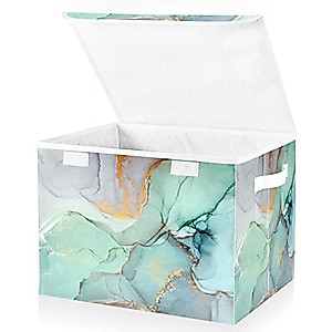 Kigai Abstract Marble Print Aqua Storage Basket with Lid Collapsible Storage Bin Fabric Box Closet Organizer for Home Bedroom Office 1 Pack