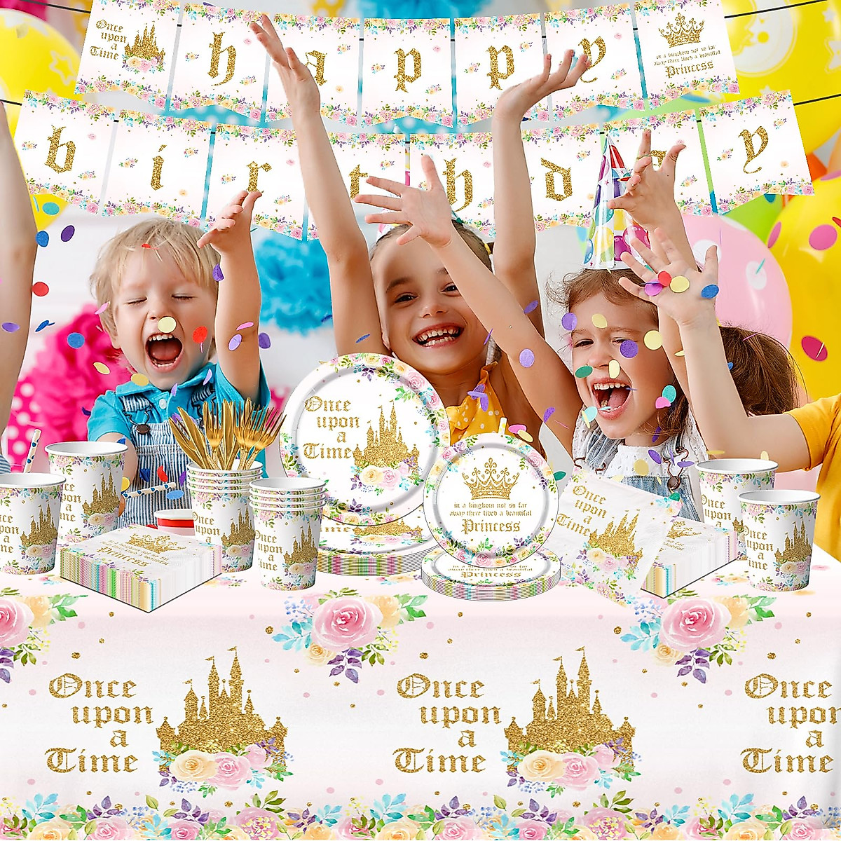 Dydamud Princess Castle Birthday Party Decoration, Once Upon a Time Pink Floral Tableware Include Princess Party Plates and Napkin Sets for Girls Birthday Party, Baby Shower
