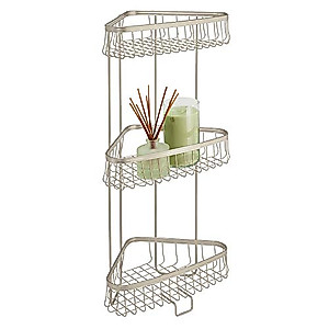 iDesign York Metal Wire Corner Standing Shower Caddy 3-Tier Bath Shelf Baskets for Towels, Soap, Shampoo, Lotion, Accessories, Satin