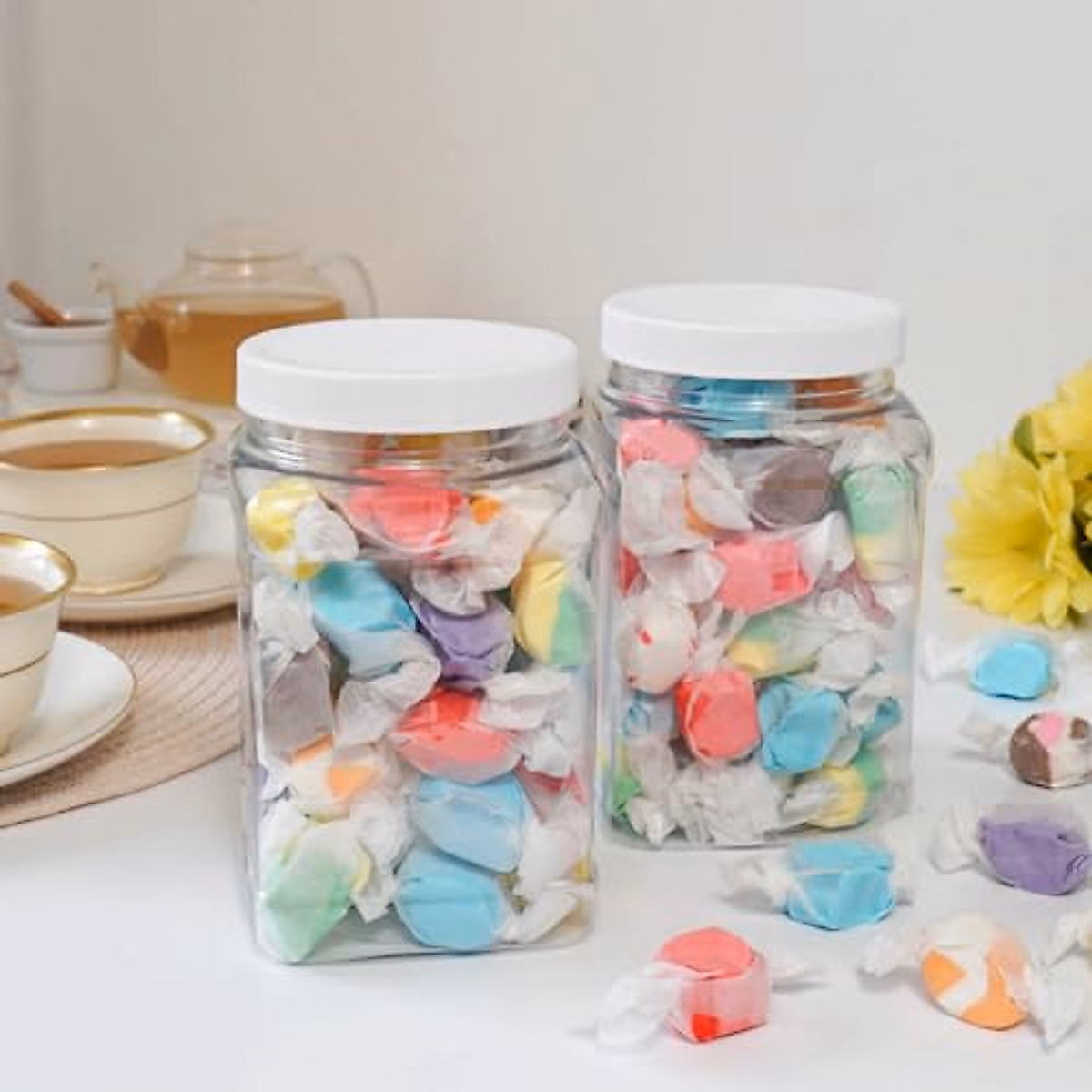 Plastic Jars (32 Fl Ounce - 6 Pack) Square Grip Handle | Clear PET Empty Jar Container Sets with Ribbed White Airtight Lid | Food Storage, Supplies, Snacks, Detergent, Kitchen & Household Storage