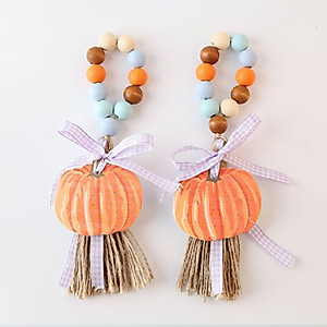 3Pcs Fall Pumpkin Wood Bead Garland with Tassels Decor, Thanksgiving Harvest Bead Garlands Farmhouse Rustic Prayer Beads Hanging Decoration for Tiered Tray Vase Home Kitchen Wall Ornaments (Fall - B)