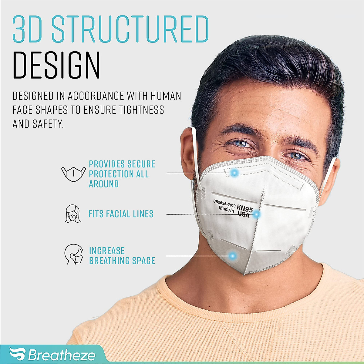 Breatheze KN95 Face Masks Made in USA - Face Masks Disposable KN95 Mask - FDA Registered KN95 Masks