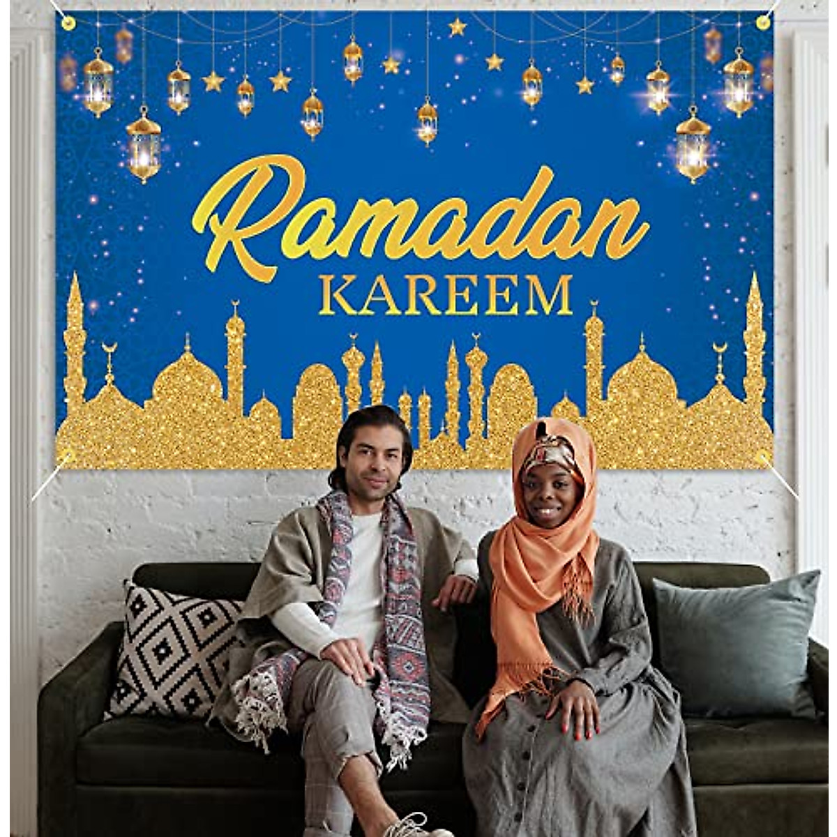 JOZON Ramadan Kareem Backdrop Banner 71 x 45 Inch Large Size Ramadan Mubarak Blue Gold Background Banner Islamic Eid Mubarak Festival Party Decorations Supplies Muslim Ramadan Photo Booth Props