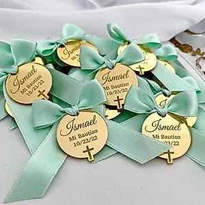 Personalized Acrylic Mirror Tags,Custom Engraved Name Tag Baptism Baby Show Grail Mirror Acrylic Round Circle Cross for Favors Baptism Wedding Engagement Custom Gift (70pcs)