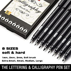 Brusarth Calligraphy Pens,Hand Lettering Pens, Calligraphy Brush Pen set for Beginners Writing, Sketching, Scrapbooking, Journaling, Soft and Fine Tip, Black Ink Drawing Pen Set, 8 Size