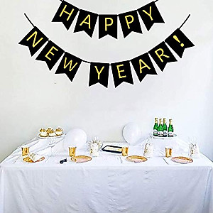 FECEDY Happy New Year Banner Black Bunting with Gold Alphabet for New Year Party Supplier Eve Party Decorations