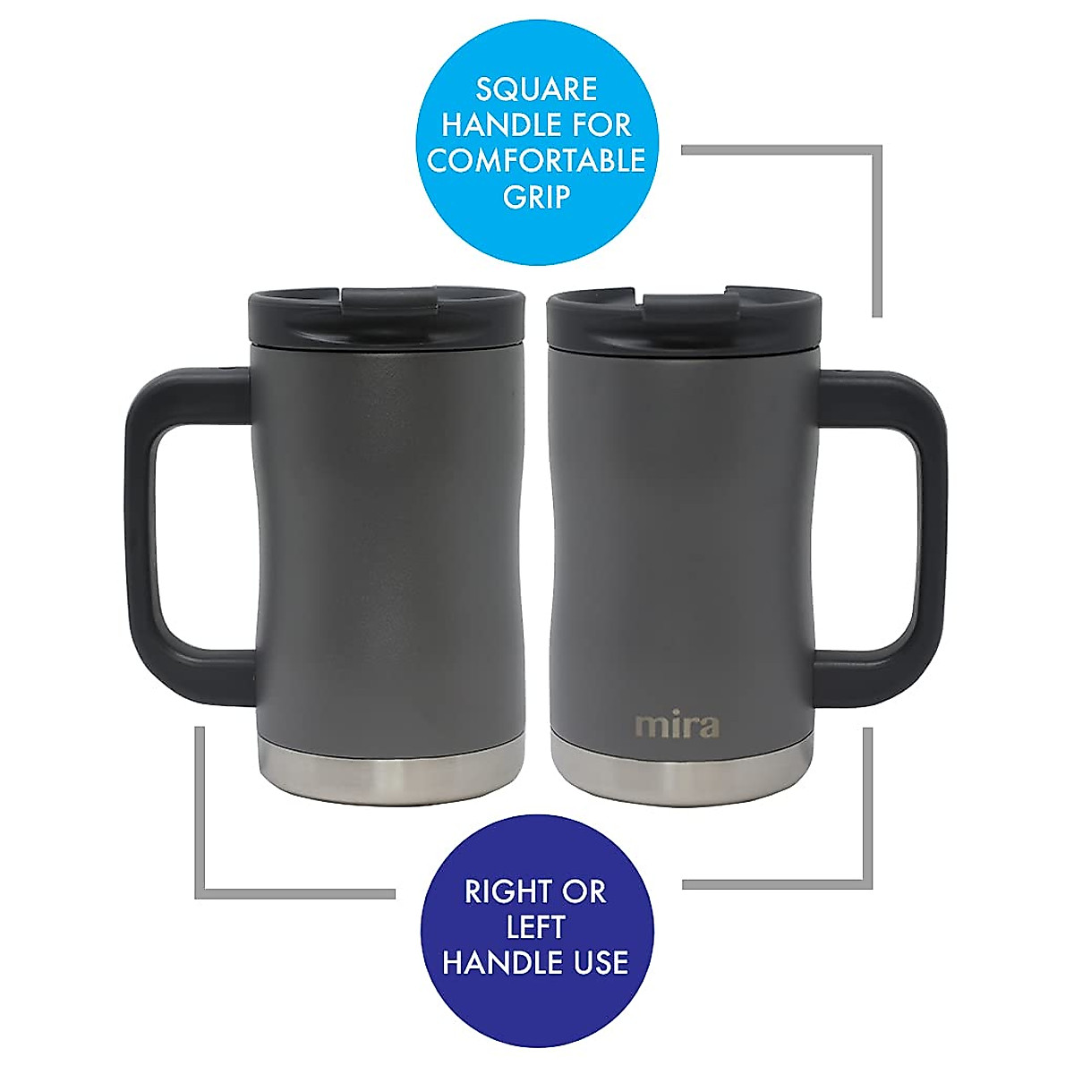 MIRA Vacuum Insulated Coffee Mug with Handle, 14oz Stainless Steel Tea Coffee Travel Mug, Double Wall Reusable thermal Coffee Cup with Lid, Slate Gray
