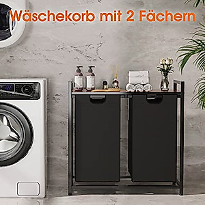 AMHANCIBLE Double Laundry Hamper, 2 Section Laundry Basket, Laundry Room Storage and Organization, Clothes hamper with Table, for Bathroom, Bedroom, Restroom, Rustic Brown HLS02BR