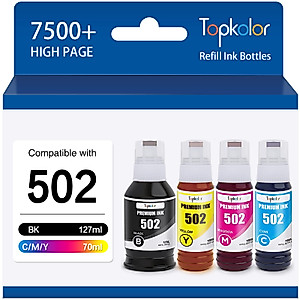 Topkolor Compatible T502 502 Refill Ink Bottle Kit for ET-2760 ET-2750 ET-3750 ET-4760 ET-4750 ET-3760 ET-3710 ET-3700 ET-2700 ST-2000 ST-3000 ET-2803 Printer, 4-Pack