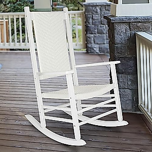 Shine Company Set of 2 Hampton Porch Rockers, High Back Wood Rocking Chairs, Rattan Backrest & Seat, 2-Pack, White