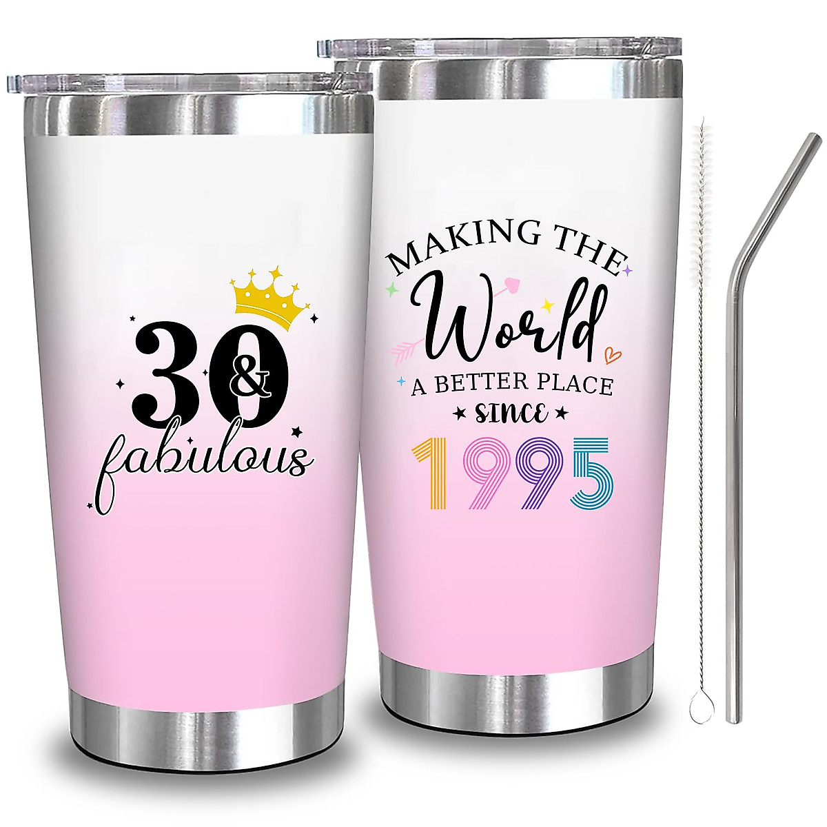 30th 1995 Birthday Gifts for Women, 30 Year Old Birthday Cups Gifts for Her, 30th Birthday Decorations for Woman, Cool 30 Gift for Women Turning 30, 30 and Fabulous 20 OZ Stainless Steel Tumbler