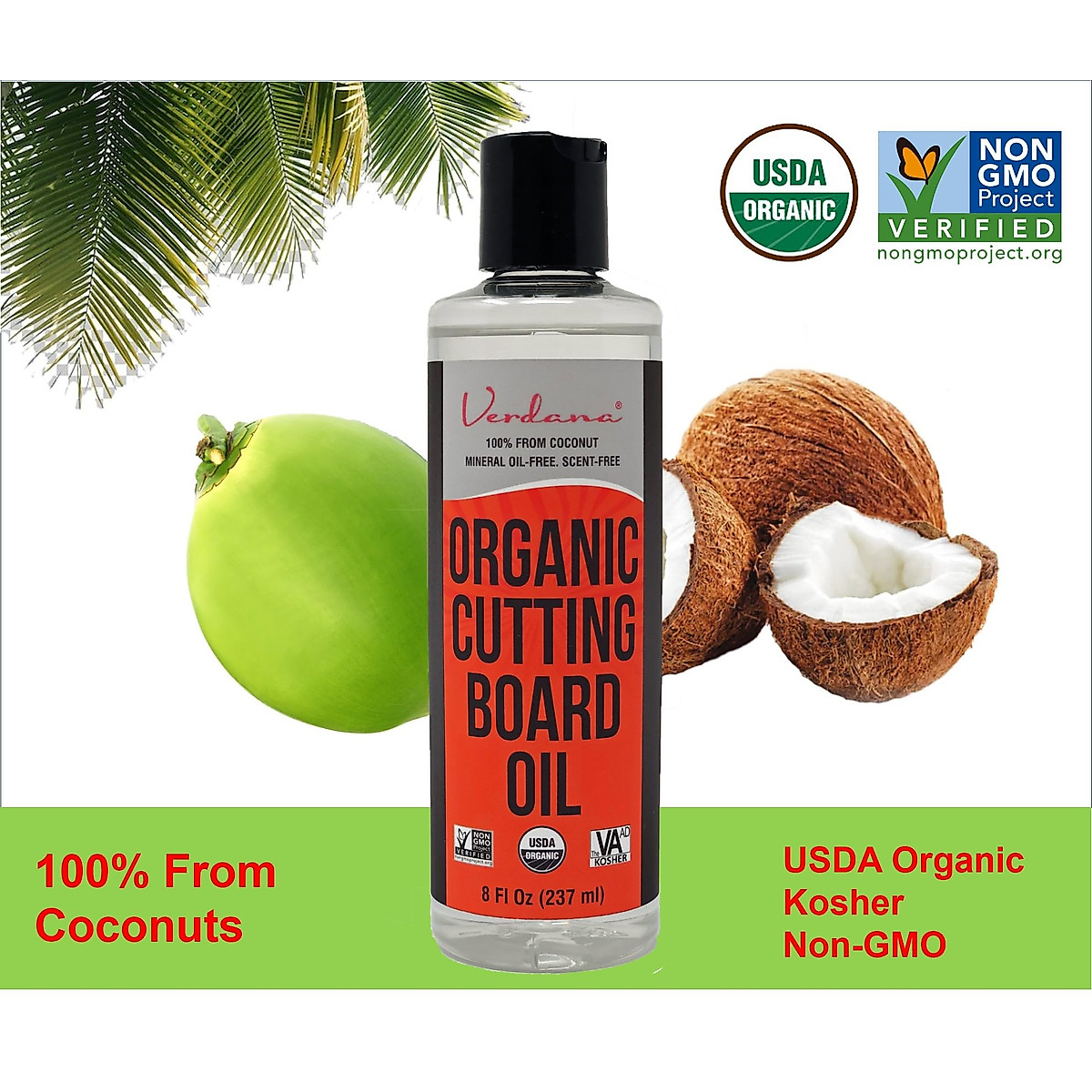 Verdana Organic Cutting Board Oil – Food Grade Kosher Non-GMO – 100% Coconut Derived & Vegan - Butcher Block Oil & Conditioner and Polish for All Wood – NO Mineral Oil Involved – 8 Fl Oz