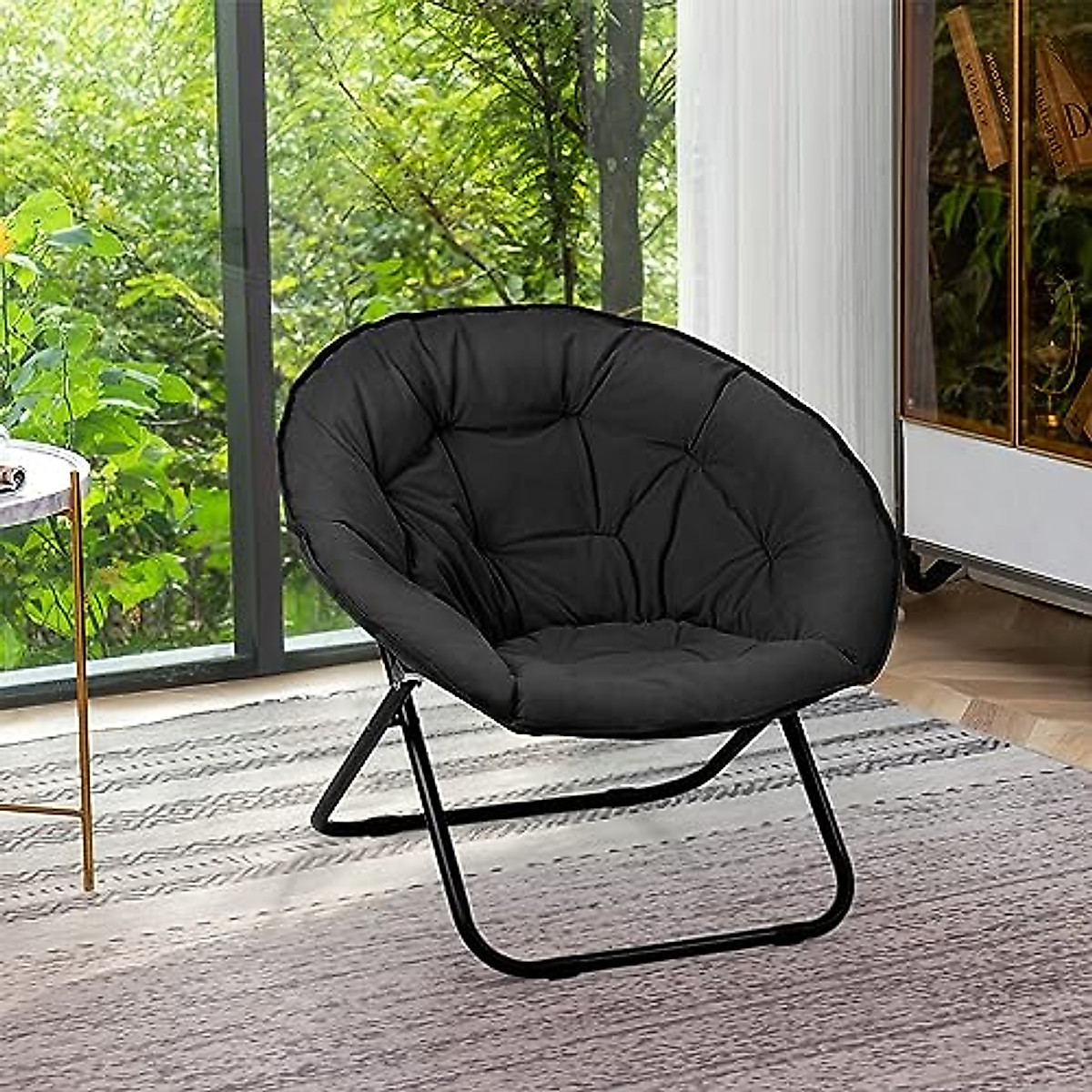 Grezone Folding Saucer Chair, Oversized Lazy Moon Chair with Metal Frame, Comfy Bedroom Chairs for Bedroom, Living Room, Study Black JC