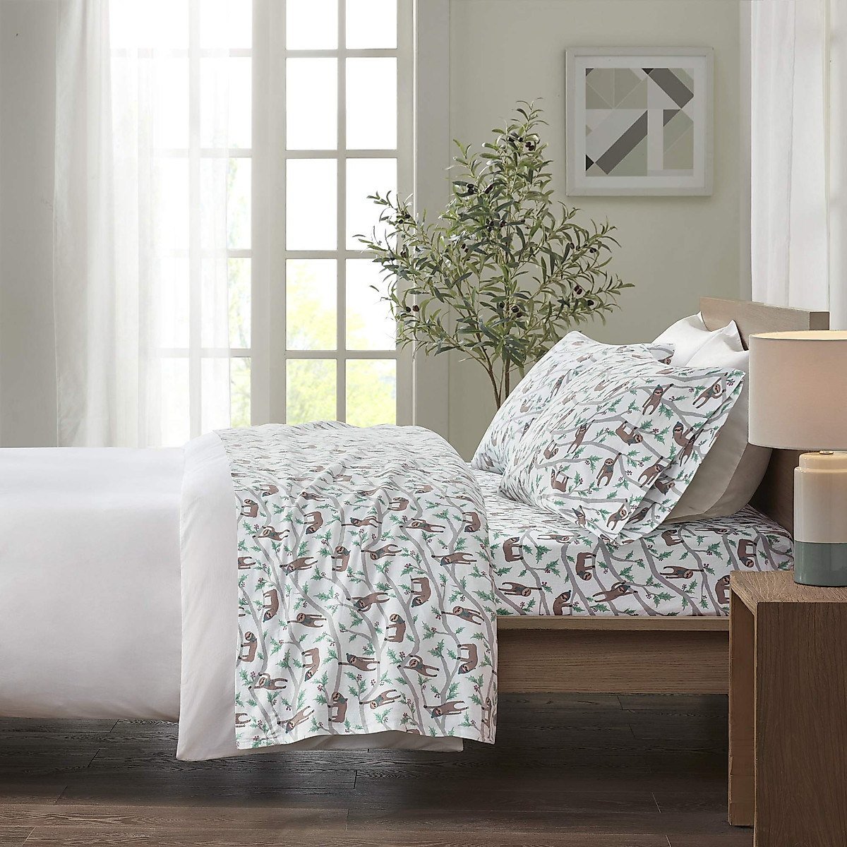 Sleep Philosophy True North Cozy Flannel Warm 100% Cotton Sheet - Novelty Print Animals Stars Cute Ultra Soft Cold Weather Bedding Set, Full, Multi Sloth 4 piece