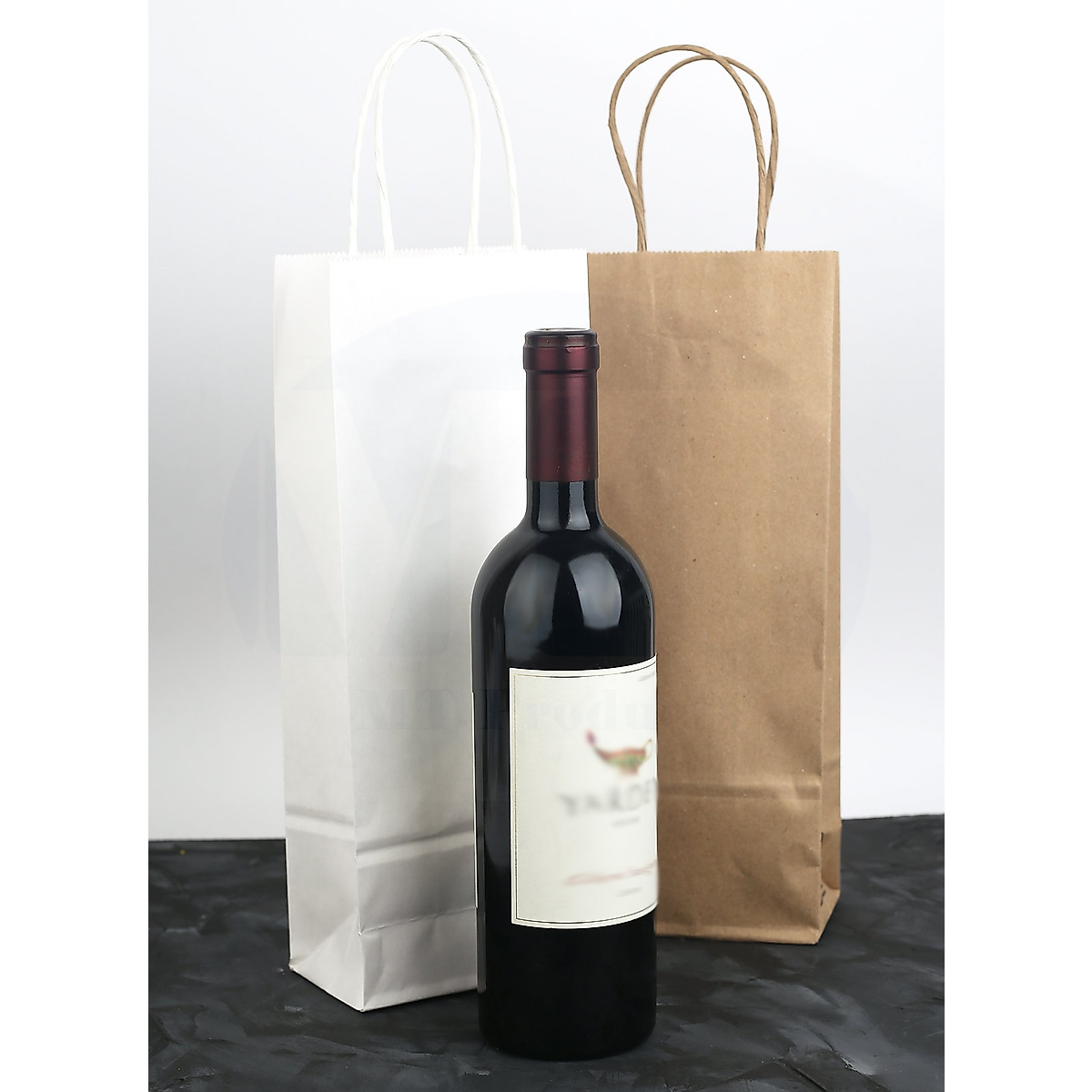 MT Products 5.25" x 3.25" x 13.13" White Kraft Paper Wine Bags with Handles - Gift Shopping Bags with handles (Pack of 12)