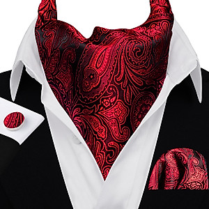 Barry.Wang Men Ascot Tie Set Cravat Paisley Red Silk Scarf Self Necktie Handkerchief Cufflinks Formal Wedding Party Prom
