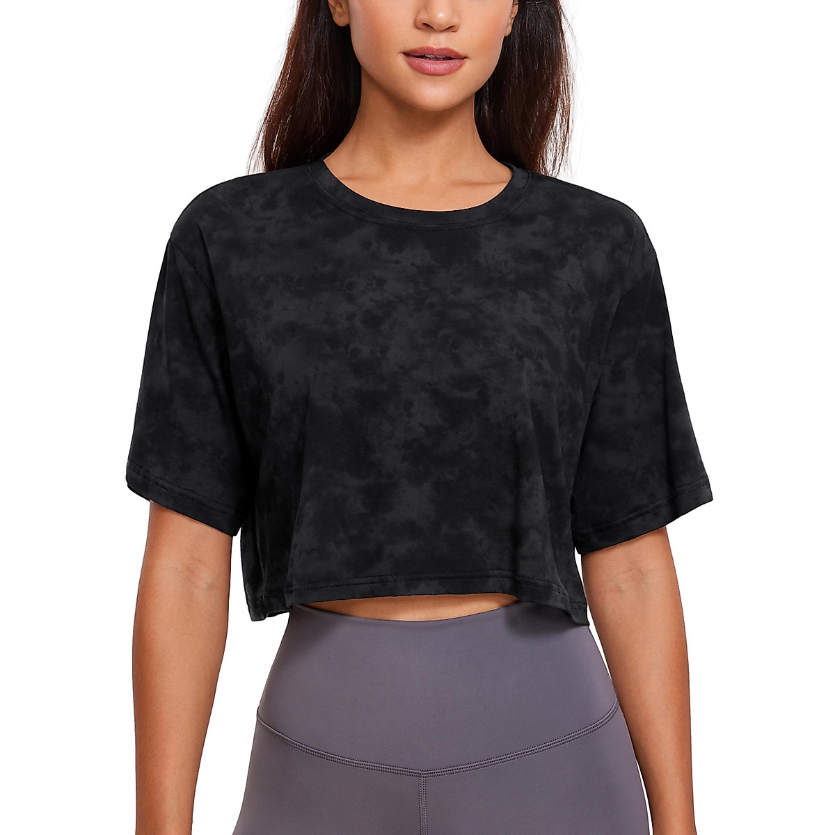 CRZ YOGA Women's Pima Cotton Workout Crop Tops Short Sleeve Yoga Shirts Casual Athletic Running T-Shirts Tie Dye Smoke Ink Medium